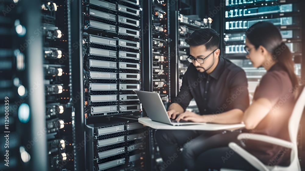 Computer engineer working on laptop computer with server room, data ...