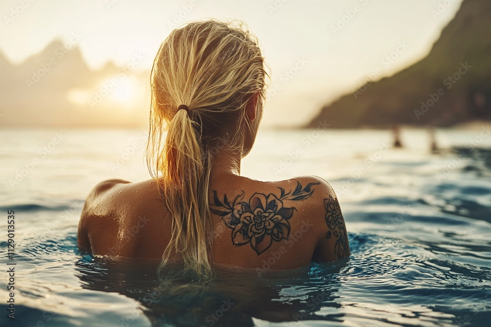 Young blonde woman with intricate back tattoos, swimming in blue ocean ...