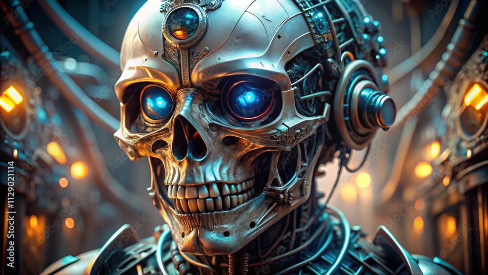 Futuristic Robotic Skull with Glowing Blue Eyes and Mechanical Spine ...