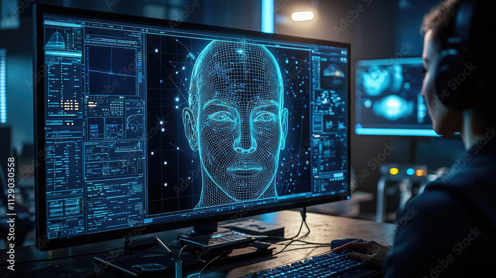 Human face and digital data on big computer screen, person works with ...