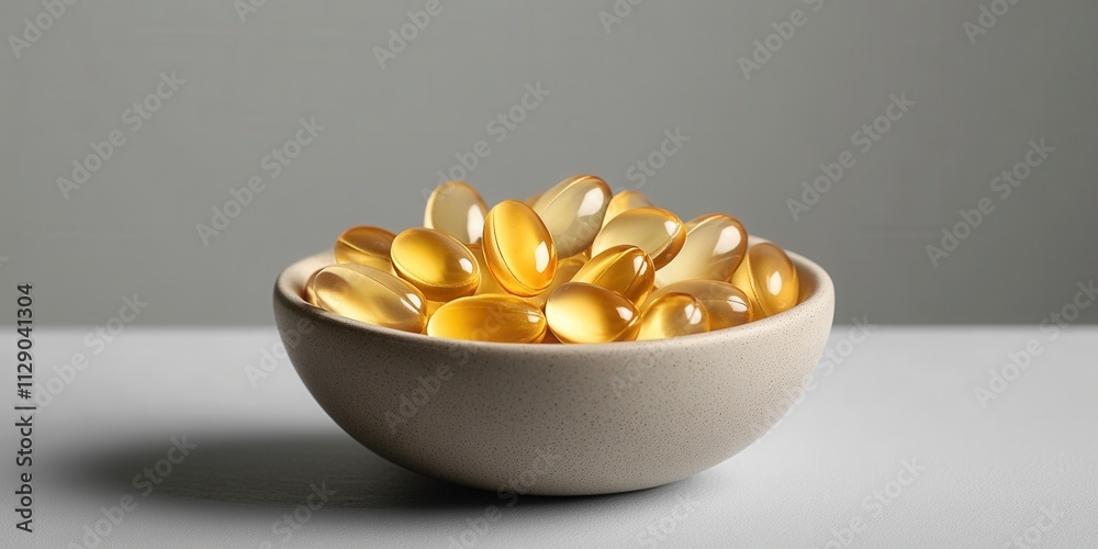 Soft gelatin capsules in a simple bowl showcasing their golden color ...