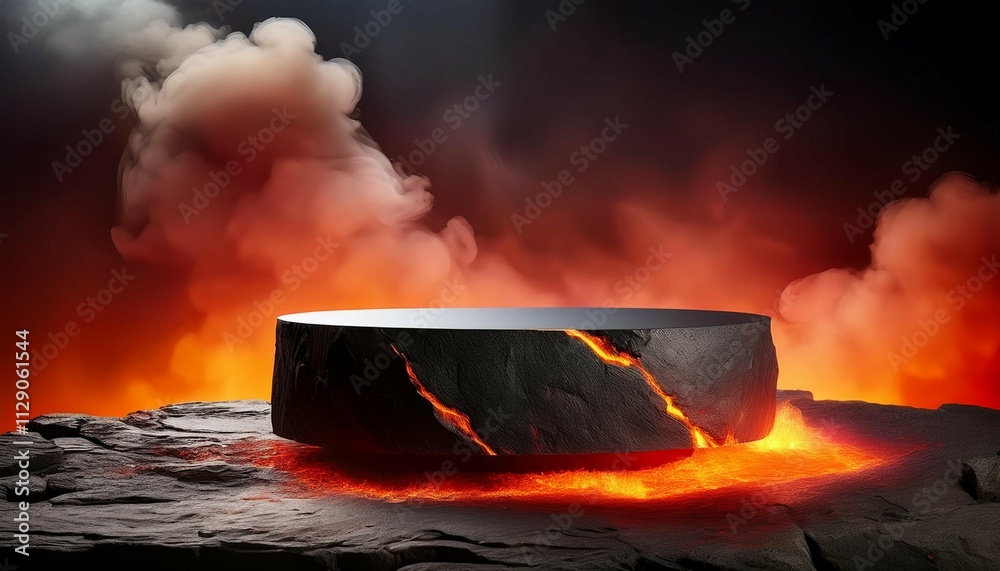 platform and natural background stone podium on the with magma smoke ...