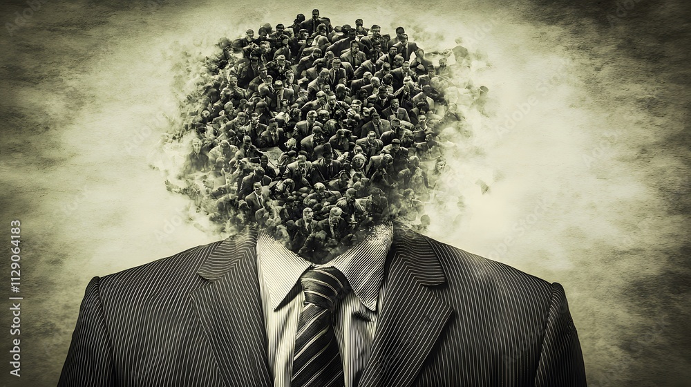 man in formal attire, with a double exposure of crowded, sterile office ...