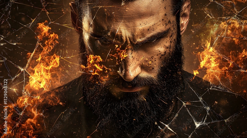 rugged, bearded man’s face with an overlay of flames and shattered ...