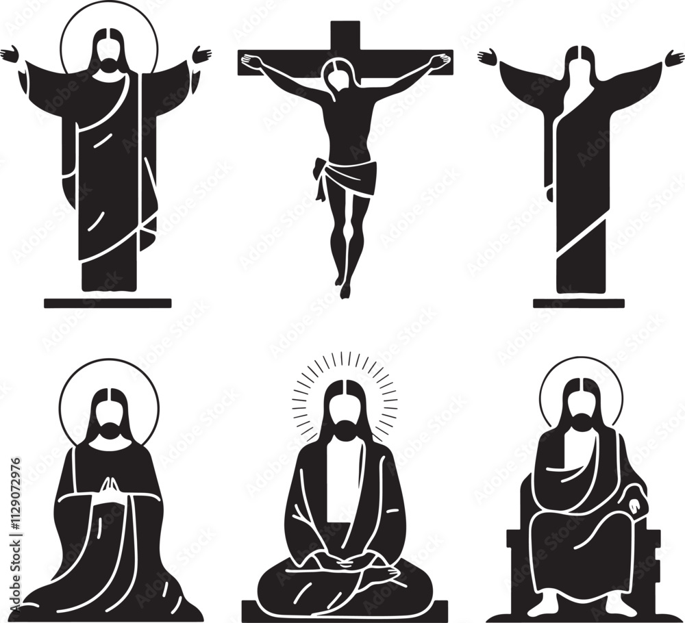 Jesus Christ and Christian symbols silhouette vector illustration on ...