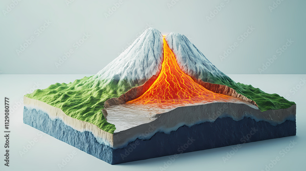 Model of volcanic mountain eruption cross-section, earth crust ...