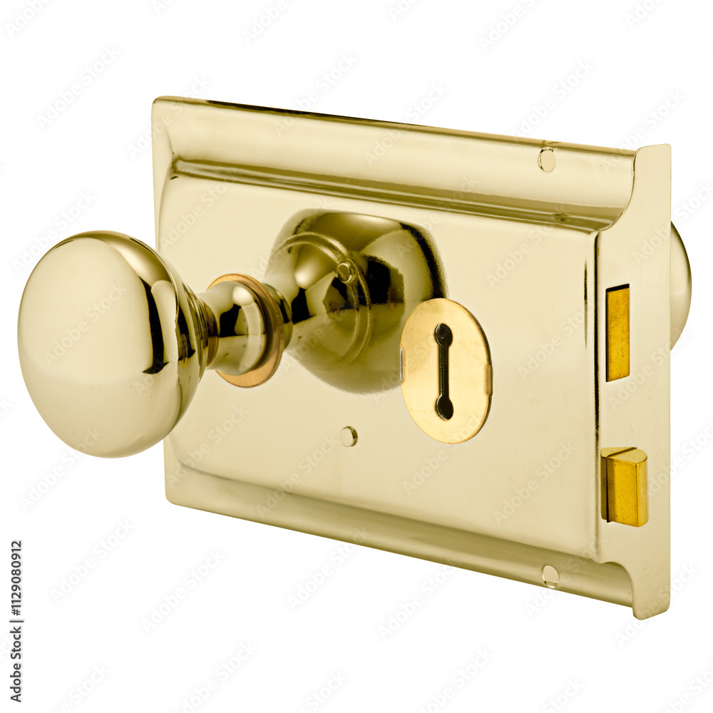 Polished Brass Rim Lock Set with Round Door Knob and Keyhole for ...