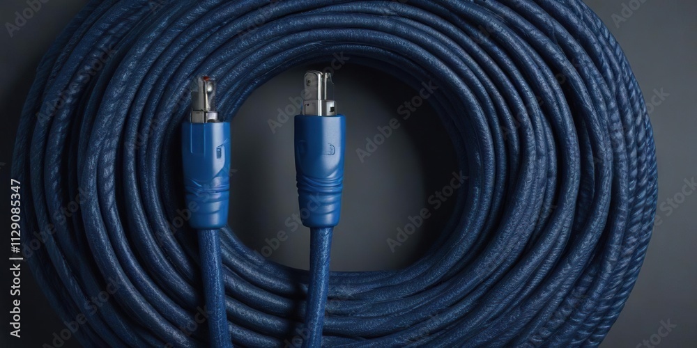 Coiled blue LAN cable with texture and shadow , technical objects ...