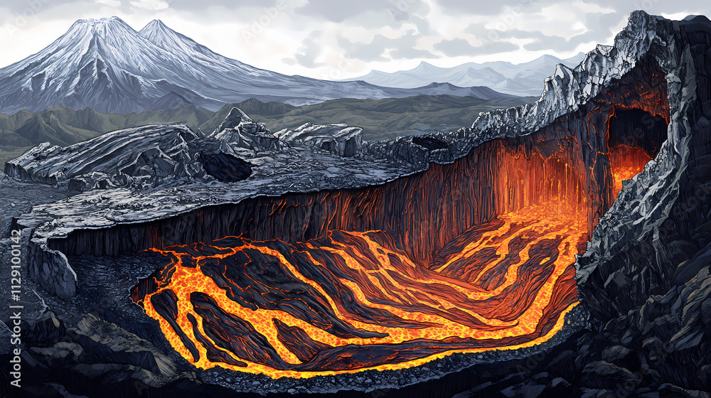 Cross-section of a volcano showing magma chamber, lava flow, and ...