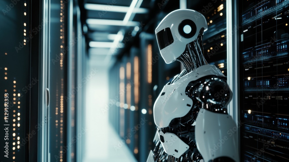A robot managing data storage in a high-tech server room with racks of ...
