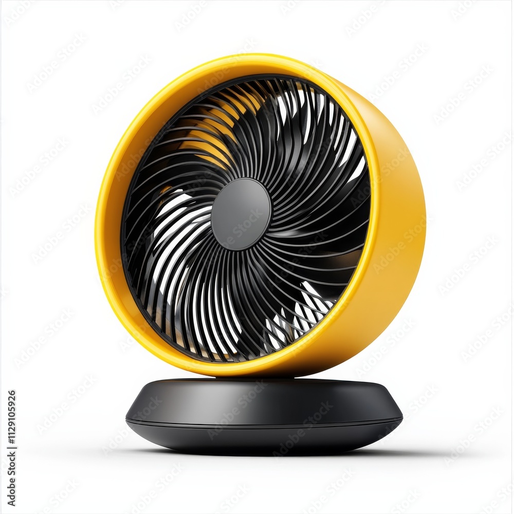 Side view of realistic portable fan in black and yellow colors. Climate ...