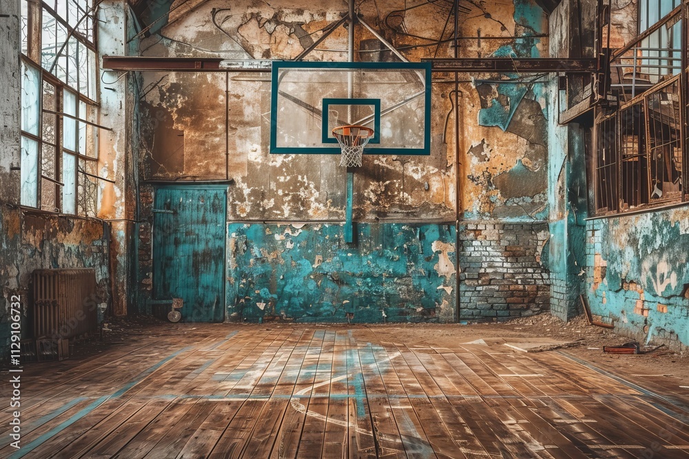 Interior view of a basketball arena featuring a wooden court and side ...