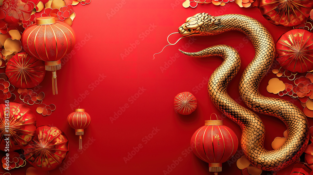 Chinese New Year 2025, Year of the Snake, gold snake with lanterns and ...