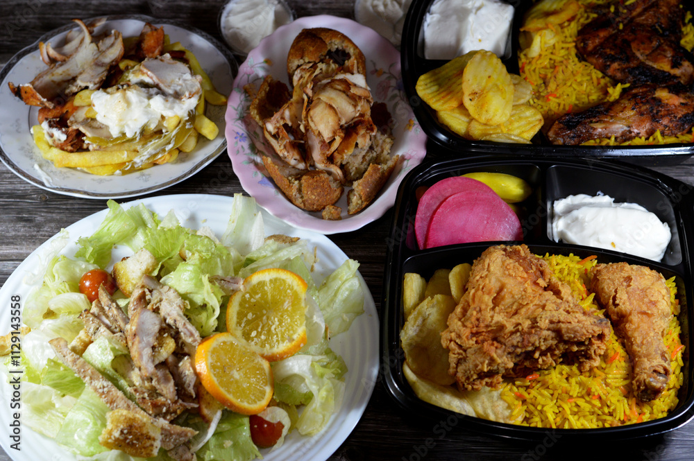 Syrian food of charcoal grilled and broasted chicken, basmati rice ...