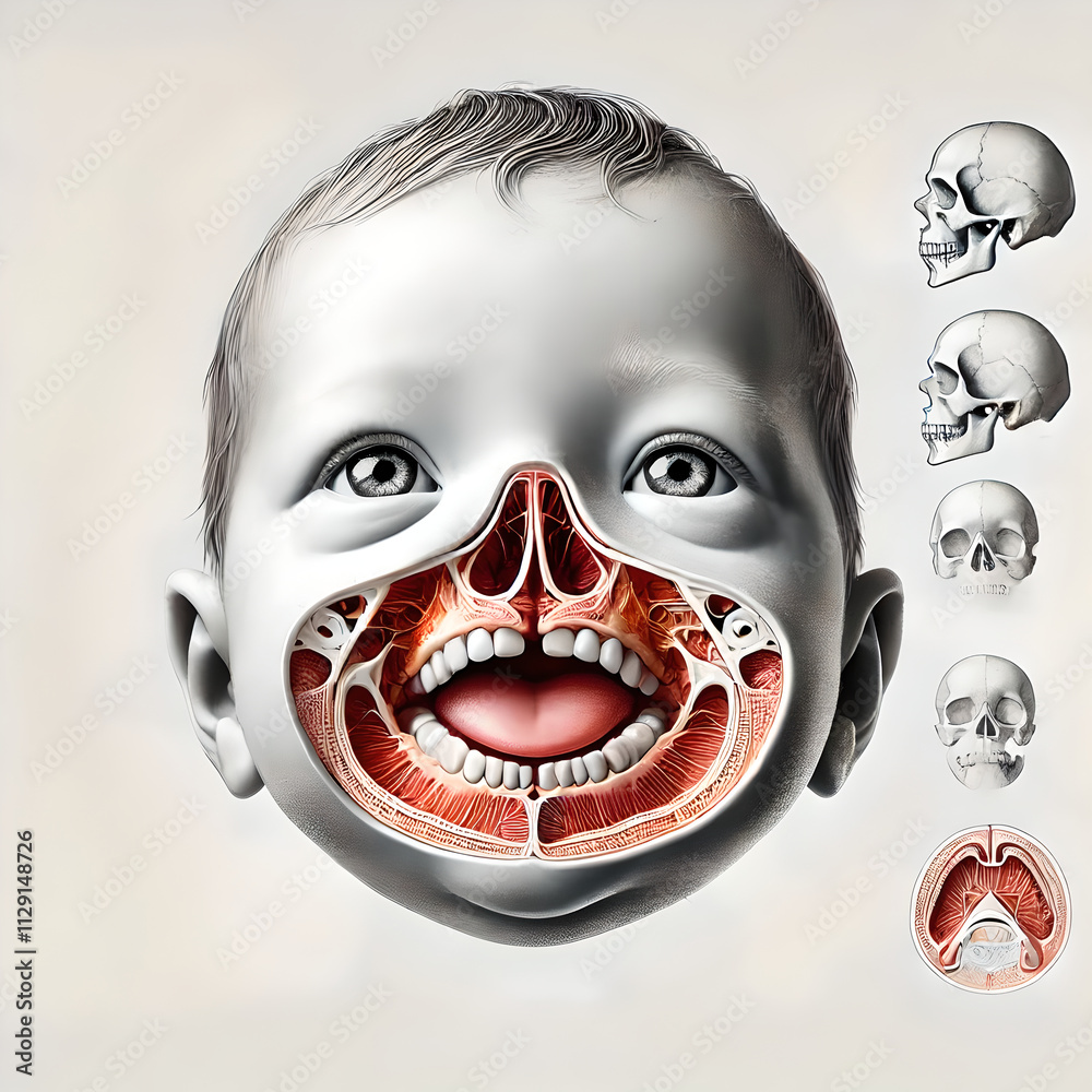 A detailed anatomical diagram of a newborn with a cleft lip and palate ...