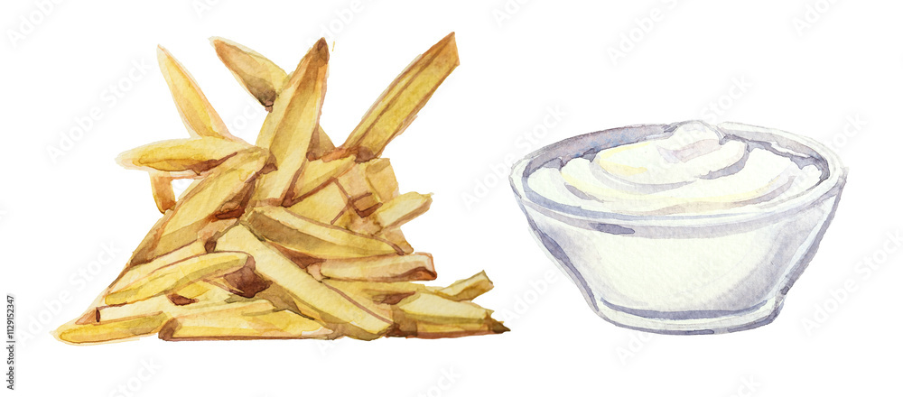 Watercolor french fries with sauce clipart isolated on a white ...