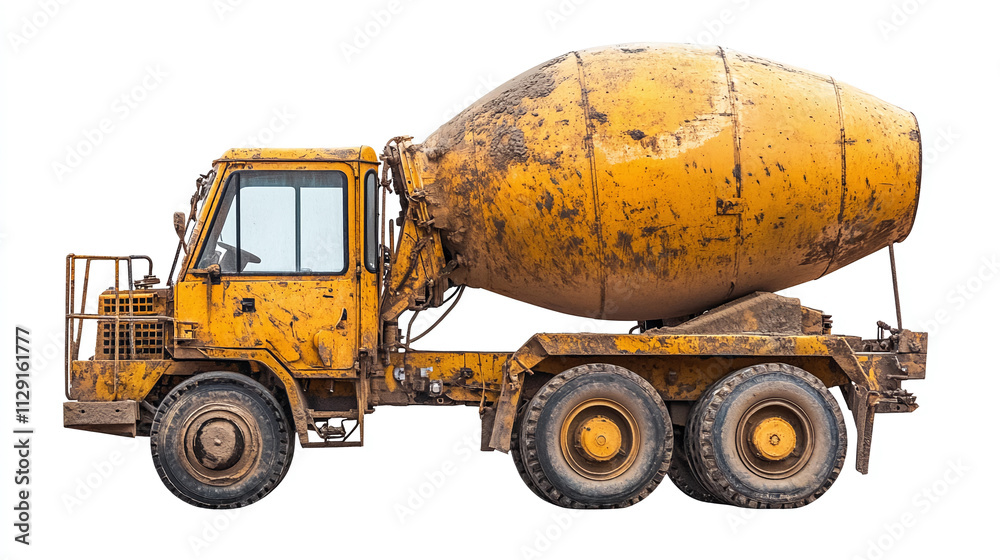 Yellow cement mixer truck isolated on white background. construction ...
