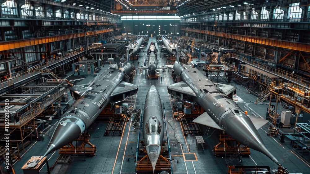 Modern military aircrafts at factory, futuristic cruise missiles inside ...