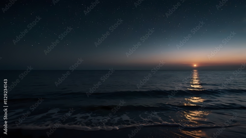 Sea, night sea, black sea, stars, lights, moon, background, realistic ...