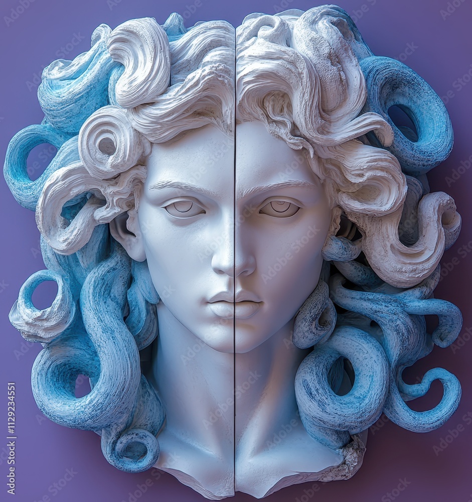 3D sculpture of Medusa's head in teal and white tones with bold purple ...