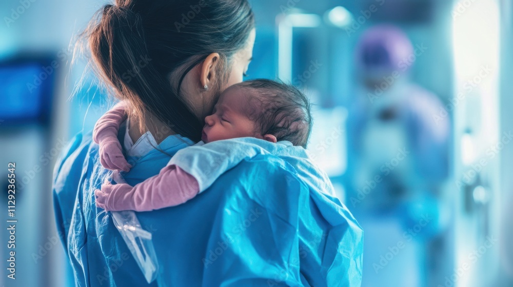 The embrace of a nurse caring for a premature newborn in a neonatal ...
