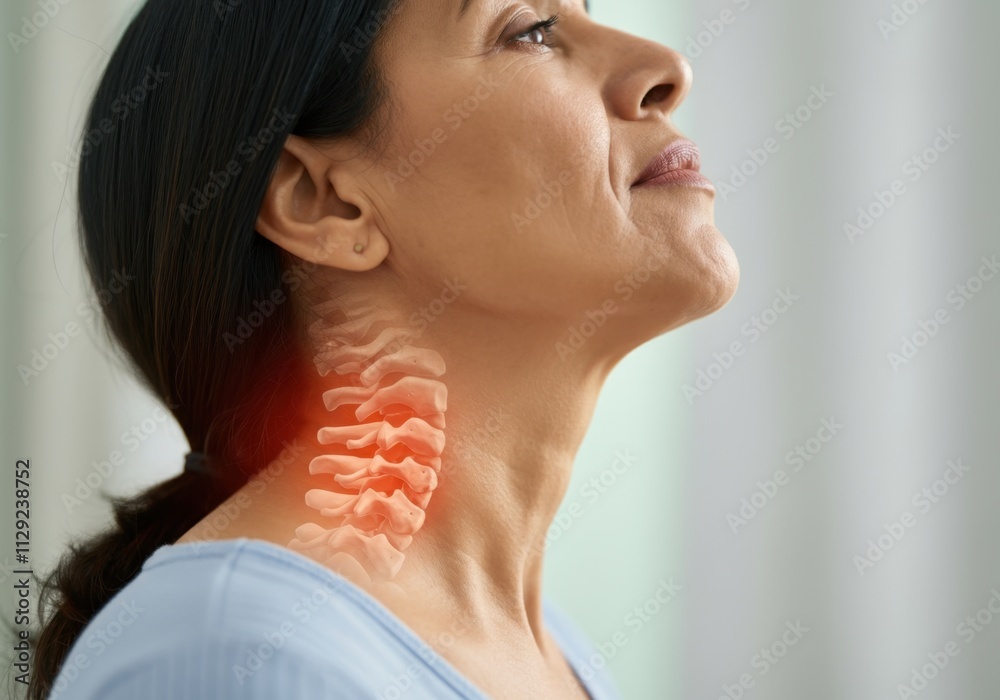Cervical spine pain highlighted in mature woman, concept of neck injury ...
