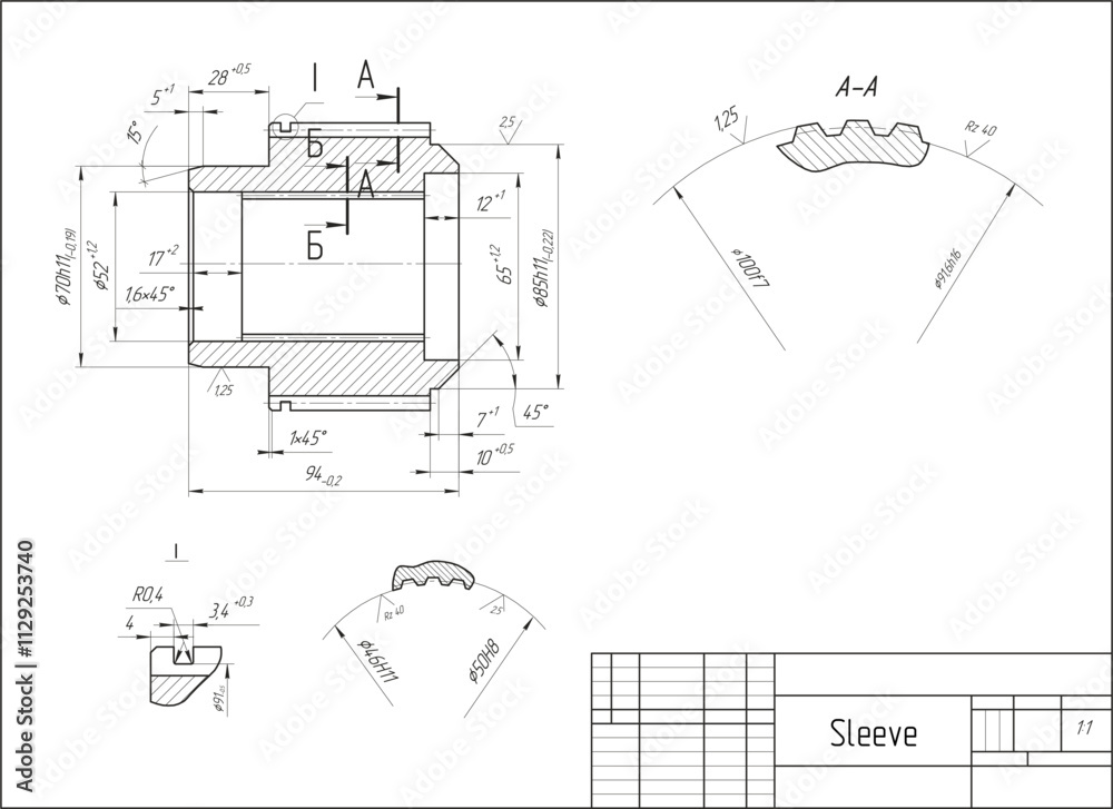 Vector sleeve. Engineering mechanical assembly drawing of steel device ...