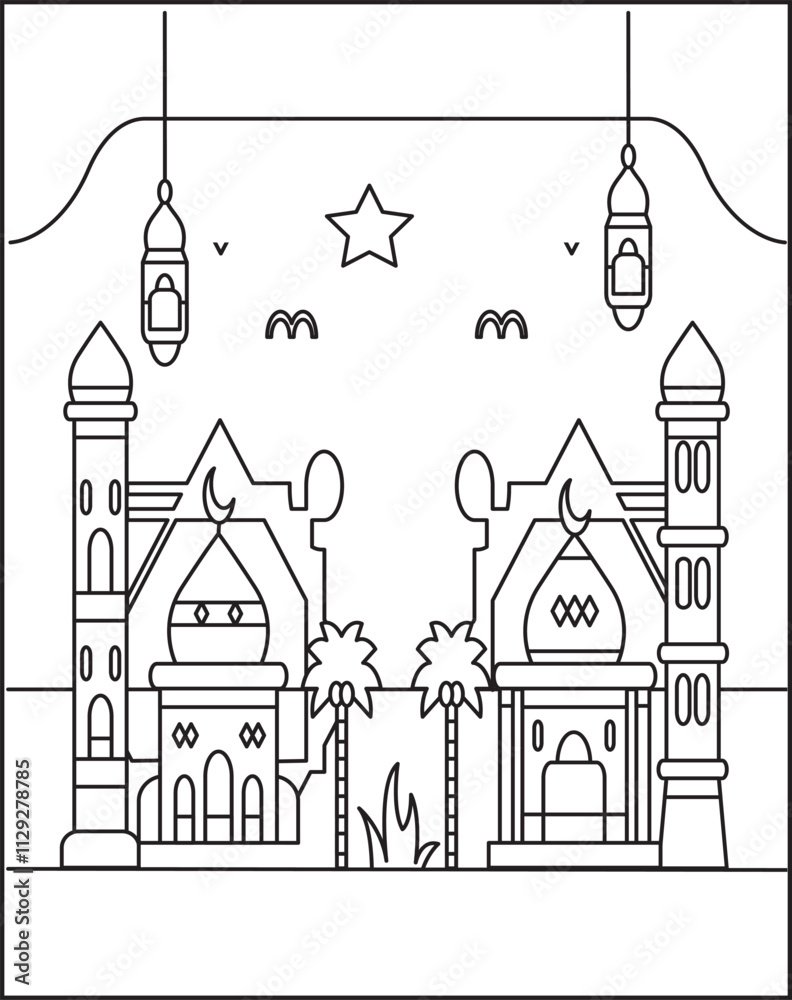 Mosque Coloring Page, Islamic Drawing, Mosque Vector Illustration ...