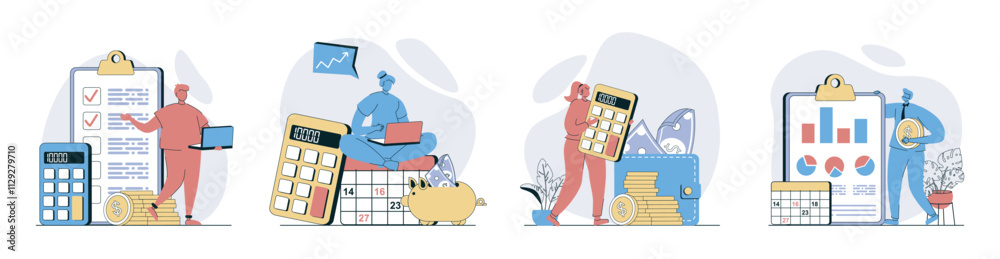 Planning financial budget concept set in flat design for web ...