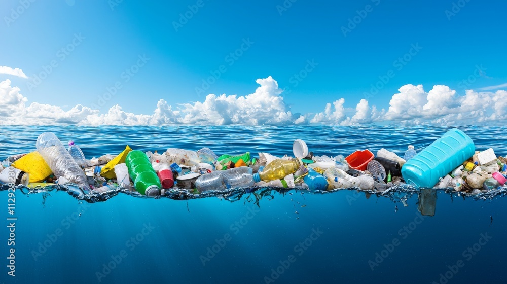 Under the sunlight, a polluted ocean littered with plastic debris ...