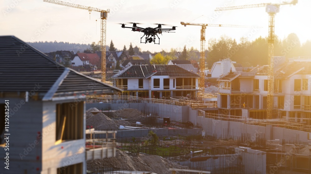 Stock-Foto „Robotic construction drones assembling modular housing ...