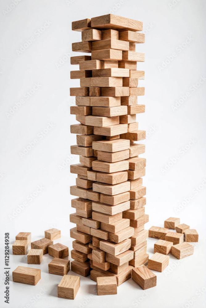 Tower stacked from wooden blocks on white background. Business risk ...