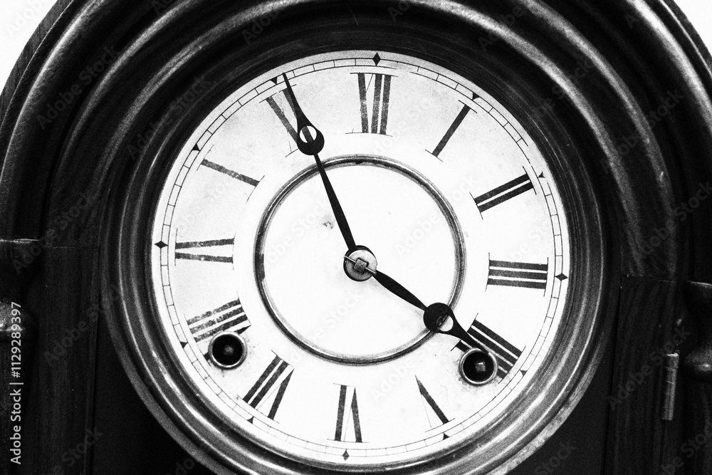 vintage clock, black-and-white photography, high contrast, textured ...