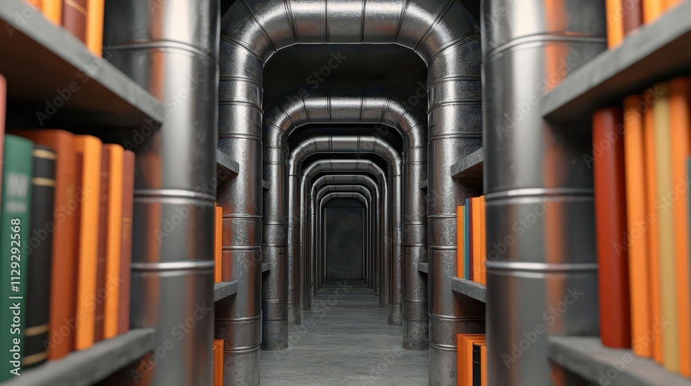 HVAC system concept. A tunnel-like corridor lined with industrial pipes ...