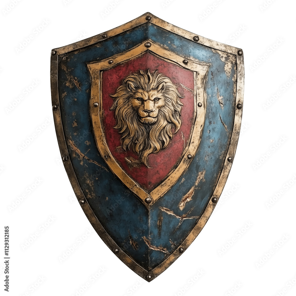 Knight’s shield with lion crest and battle marks isolated on ...