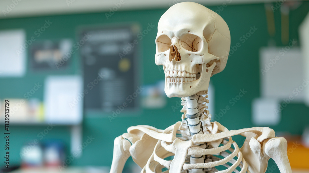 Realistic human skeleton model in classroom setting, illustrating ...