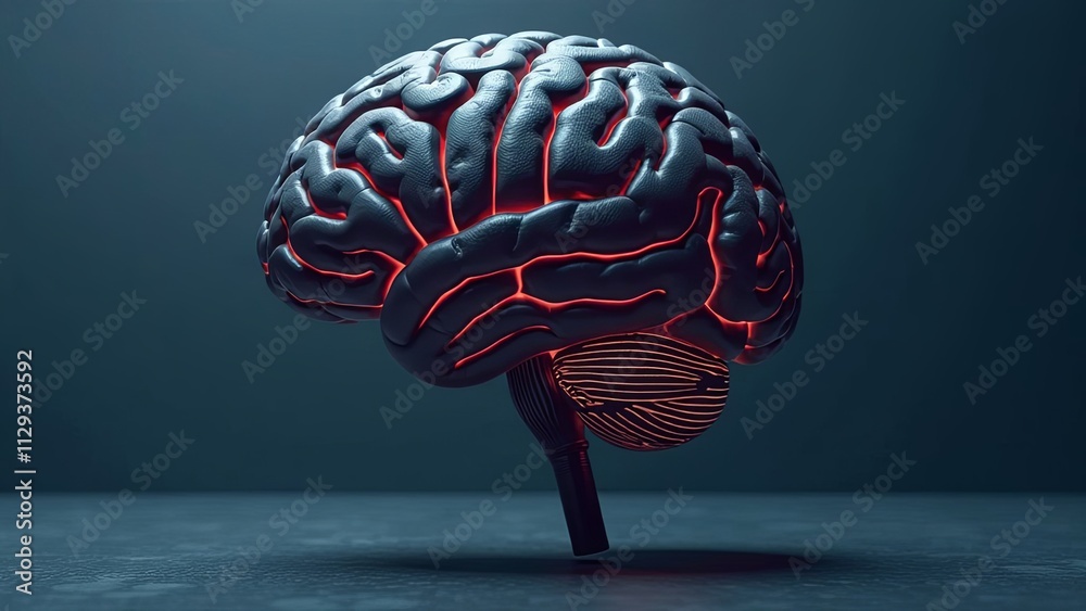 Human brain with glowing red neural pathways, set against a dark ...