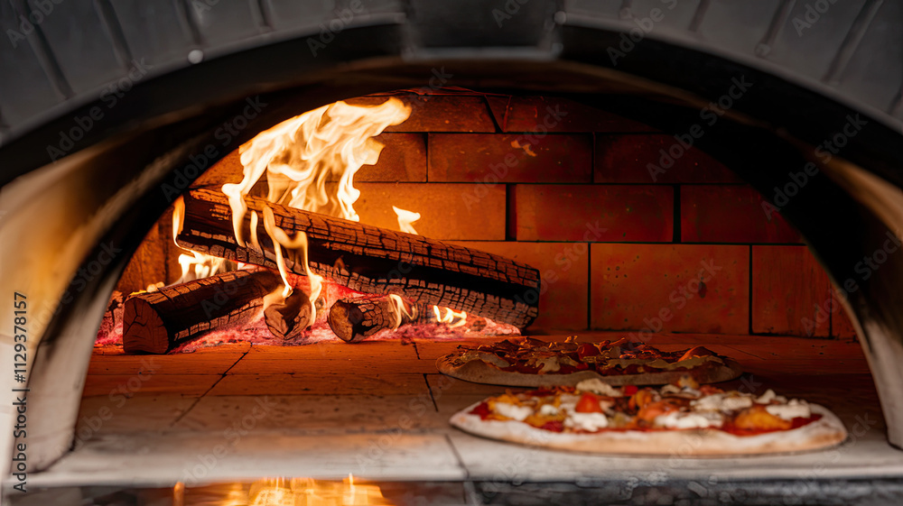 A traditional brick oven with a roaring fire illuminating its interior ...