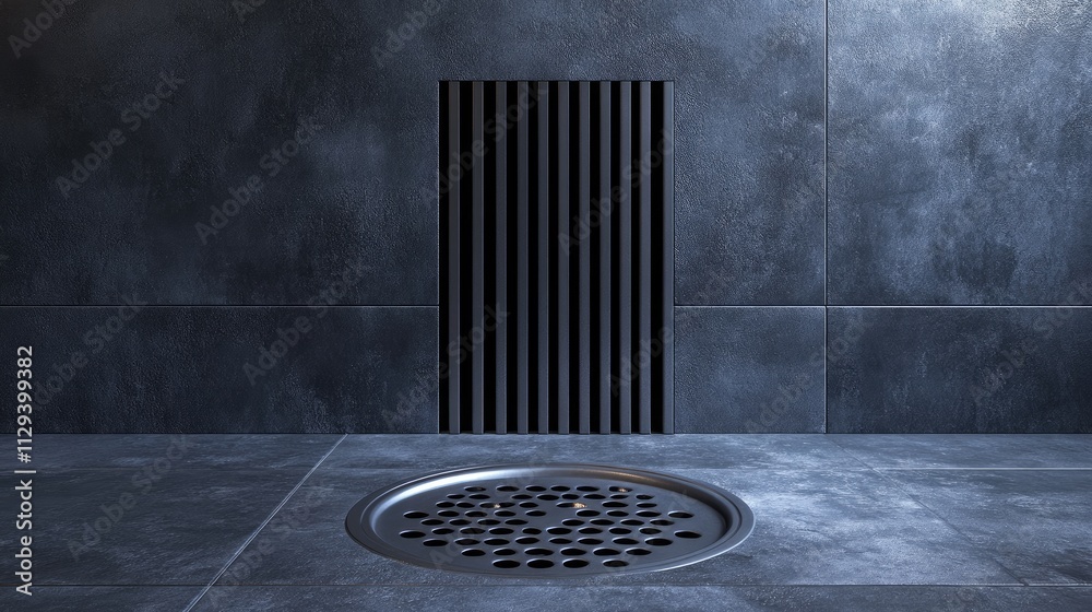 Shower drain and vertical bottle siphon in modern bathroom design for ...