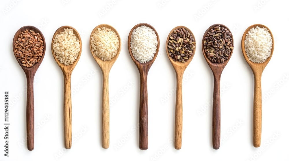 Variety of rice types displayed in wooden ladles arranged on a white ...