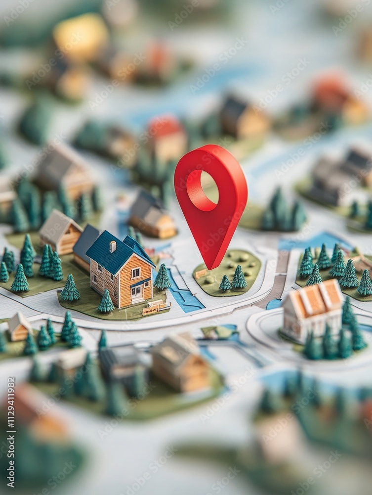 Colorful miniature village with map marker highlighting a specific ...