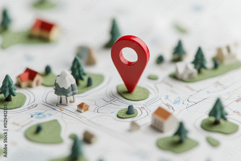 Exploring a miniature map with a prominent location marker and small ...