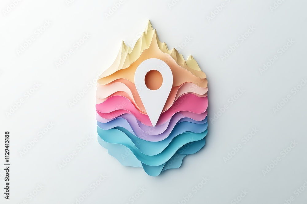 Colorful layered paper design illustrating a location pin over a scenic ...