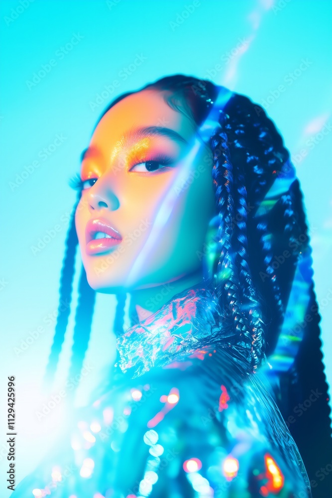 PFP, Asian woman with blue braids wearing metallic top on a glitchy ...