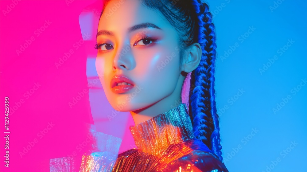 PFP, Asian woman with blue braids wearing metallic top on a glitchy ...