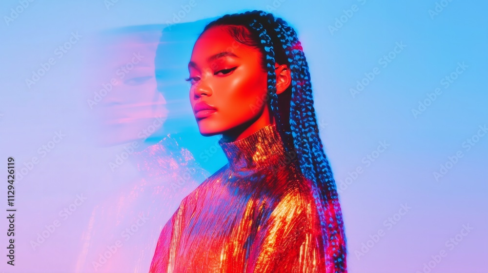 PFP, Asian woman with blue braids wearing metallic top on a glitchy ...