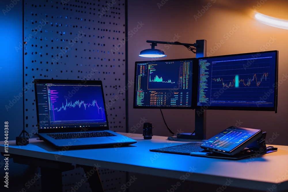 AI workstation, powerful computer setup with a compact server unit and dual screens showcasing ...