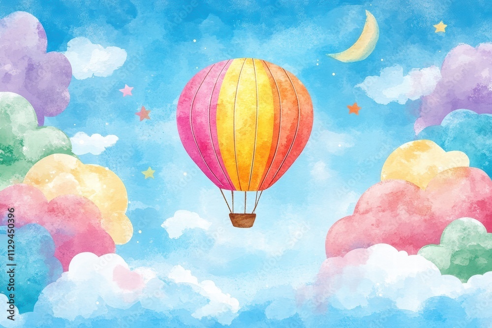 Printable background for kids featuring colorful hot air balloon in a ...