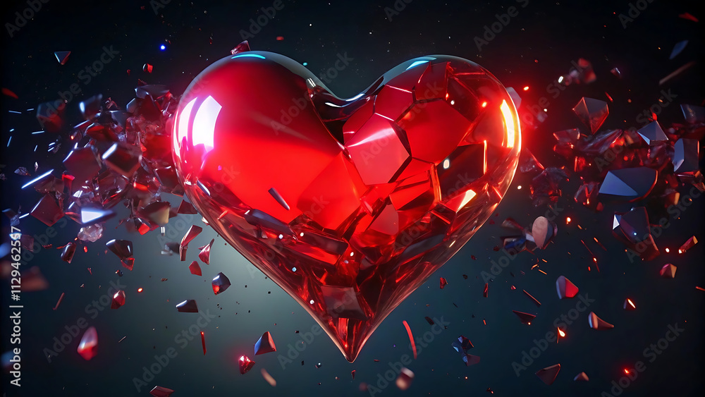 Stunning red crystal heart shattering into sparkling fragments on a ...