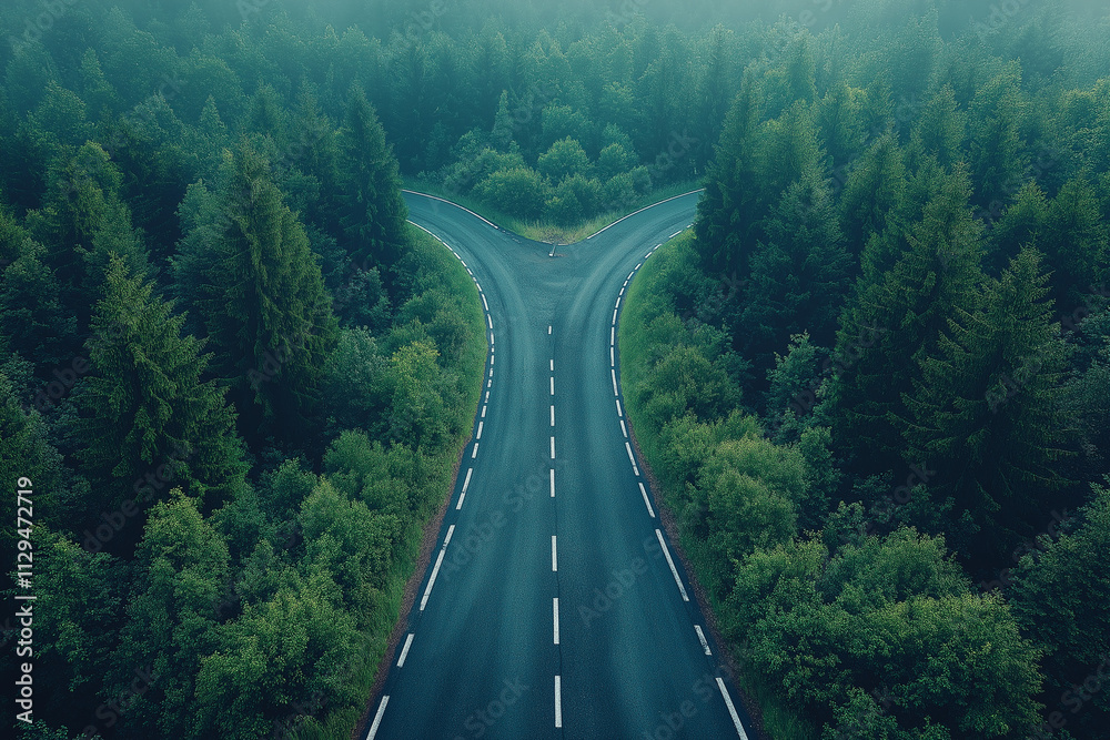 The intersection in the forest shows two roads converging at different ...